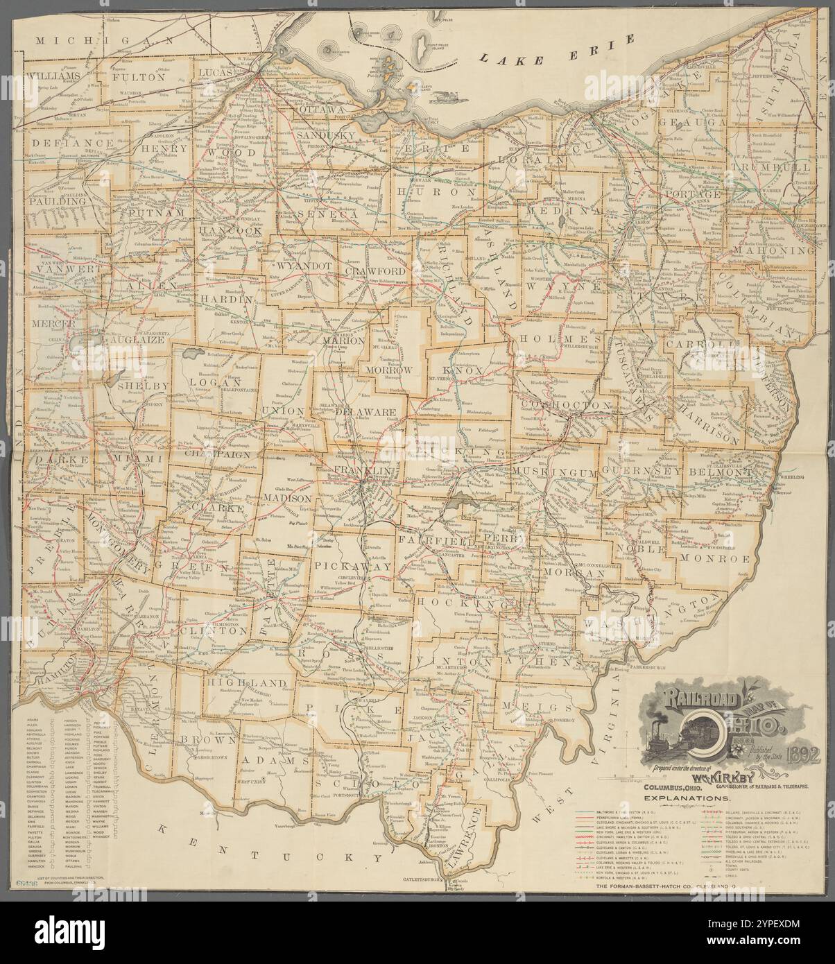 Railroad map of Ohio 1892 by Kirkby, Wm Stock Photo - Alamy
