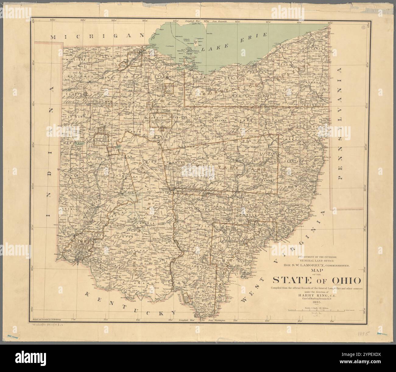 Map of the state of Ohio 1895 by King, Harry, (Harold G. R Stock Photo ...
