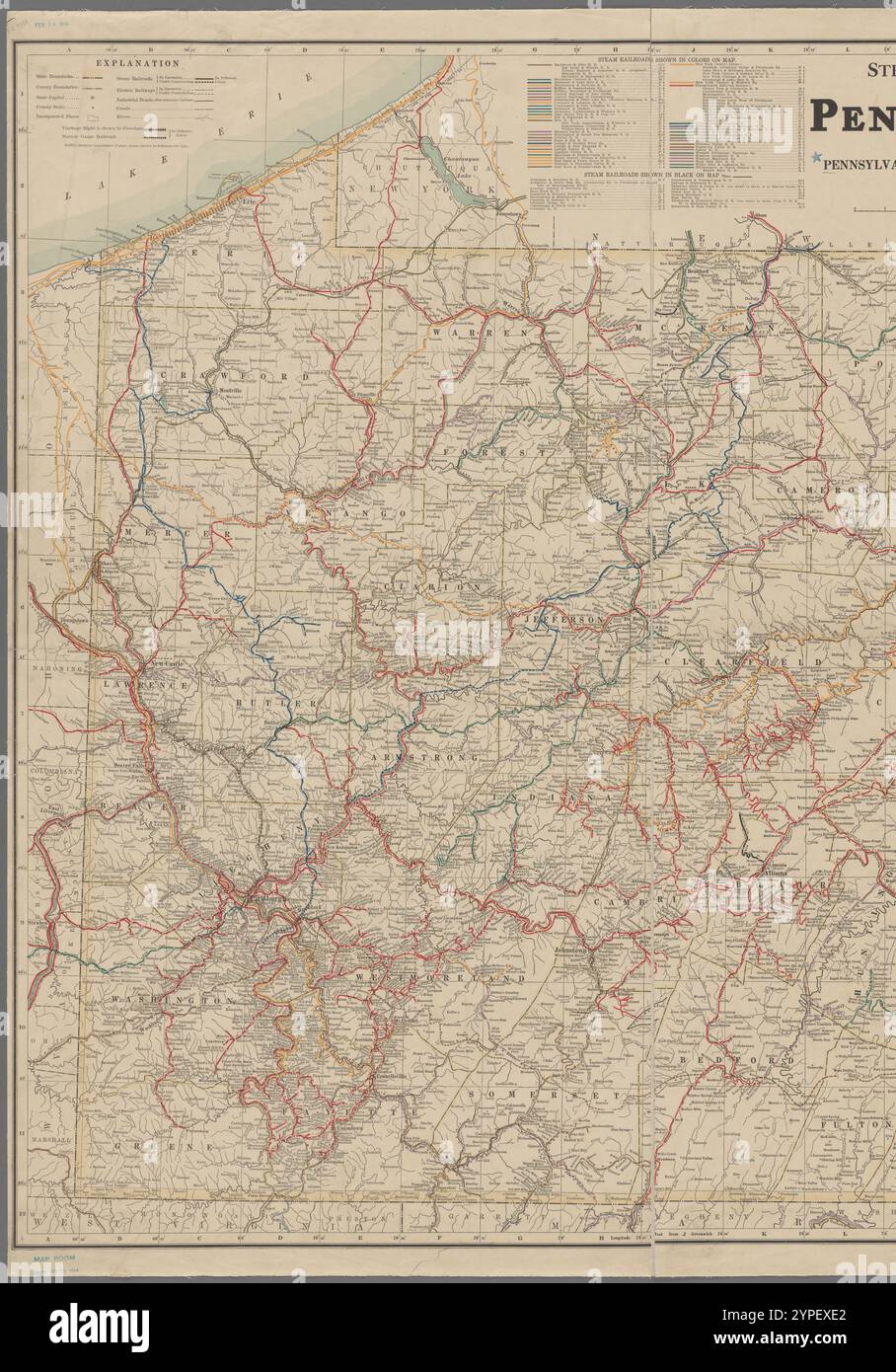 Steam railroad map of Pennsylvania 1912 by Pennsylvania State Railroad ...