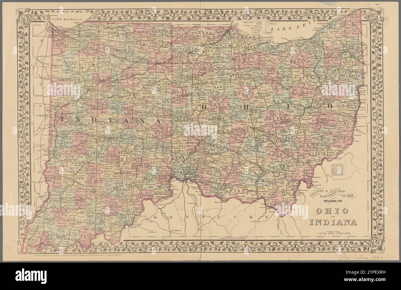 County & township map of the states of Ohio and Indiana 1887 Stock ...