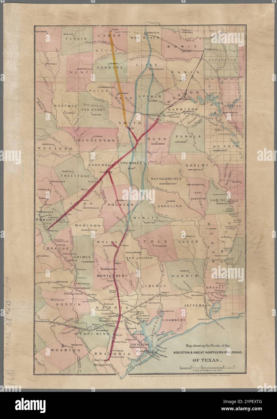 Map showing the route of the Houston & Great Northern Railroad of Texas ...