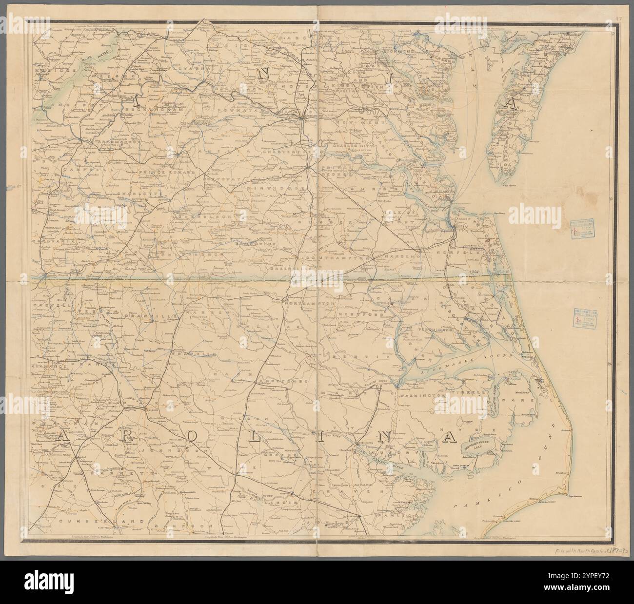 Half of an unidentified map showing the southeastern part of Virginia ...