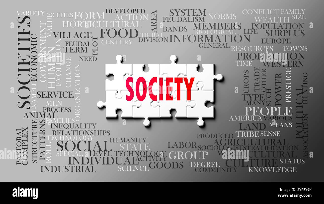 Society As A Complex Subject Related To Important Topics Spreading Around As A Word Cloud Stock