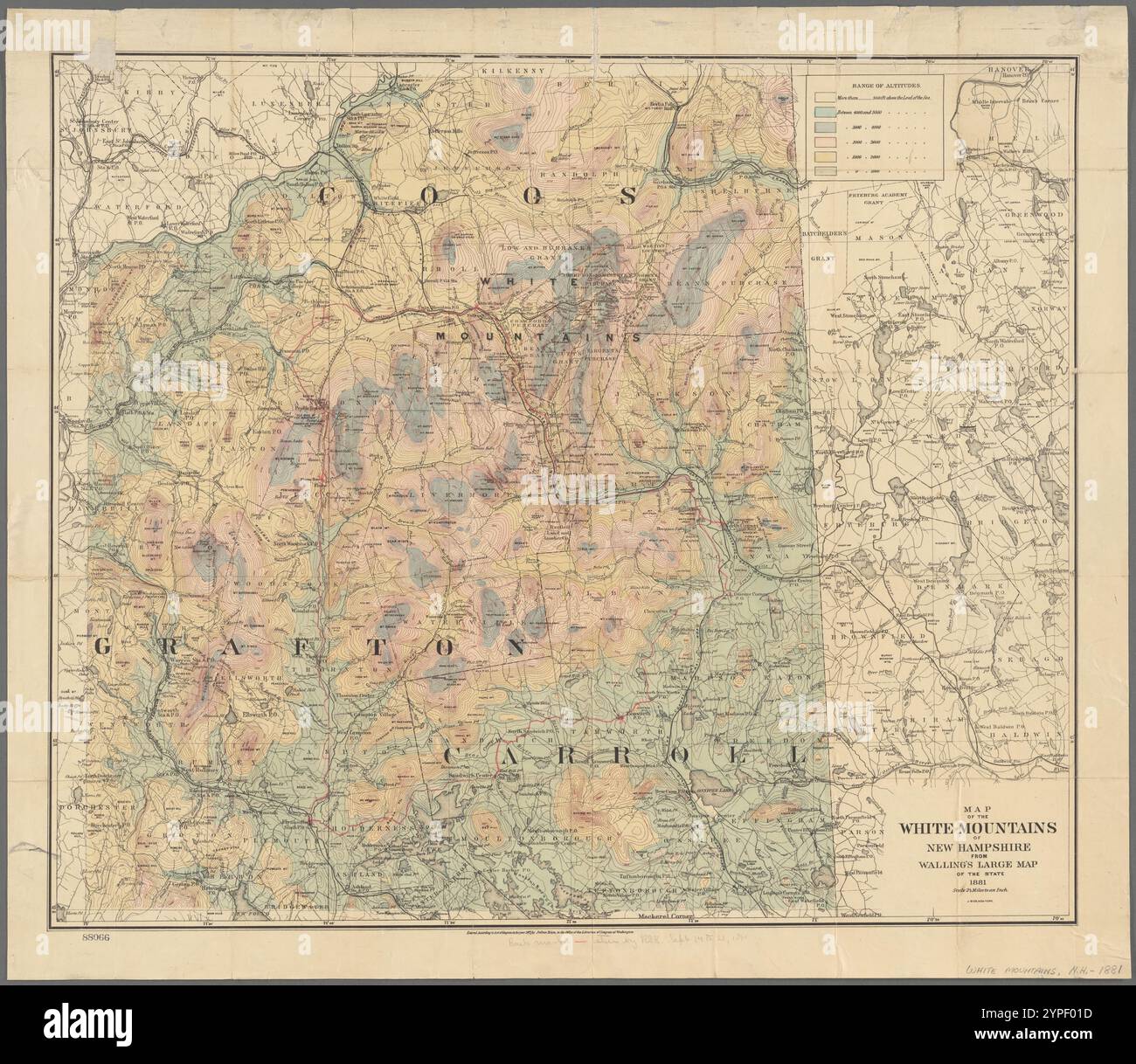 Map of the White Mountains of New Hampshire from Walling's large map of ...