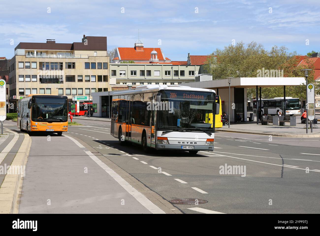 MINDEN, GERMANY-APRIL 25,2019:Colorful Buses, People waiting at Bus ...