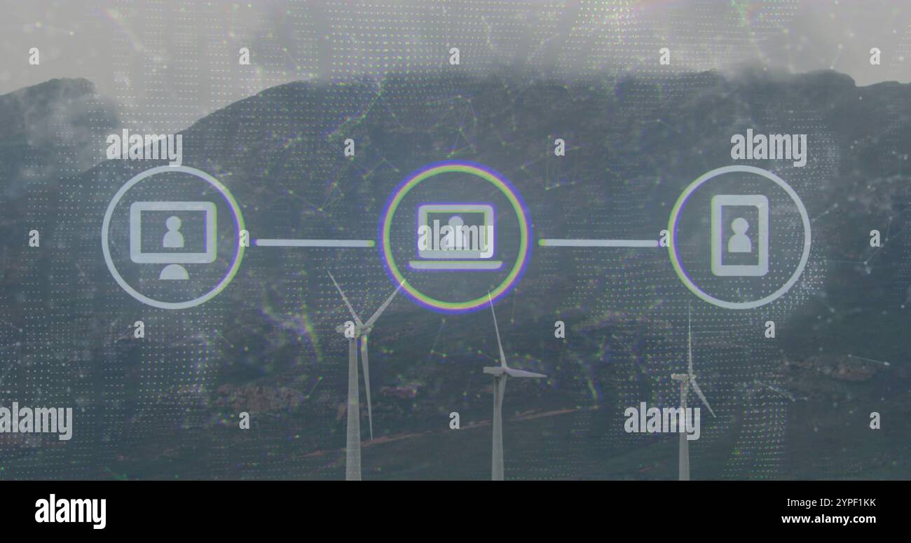Network of connected devices image over wind turbines in mountainous ...