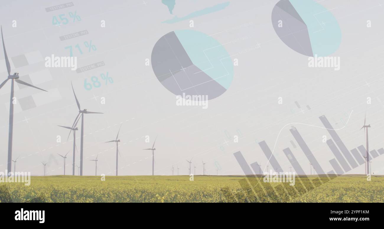Wind turbines in field with pie charts and graphs, renewable energy ...