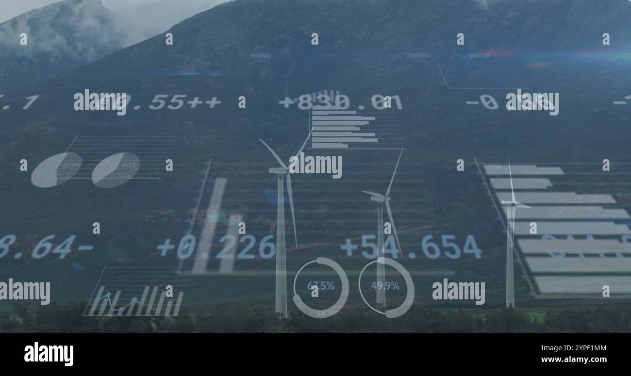 Wind turbines generating power with data visualization image over ...