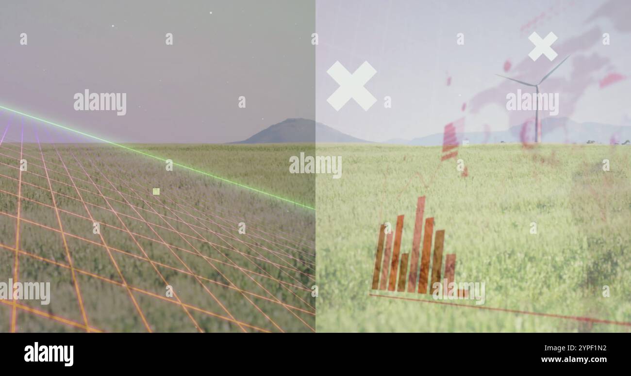 Bar chart and world map image over wind turbine in grassy field Stock ...