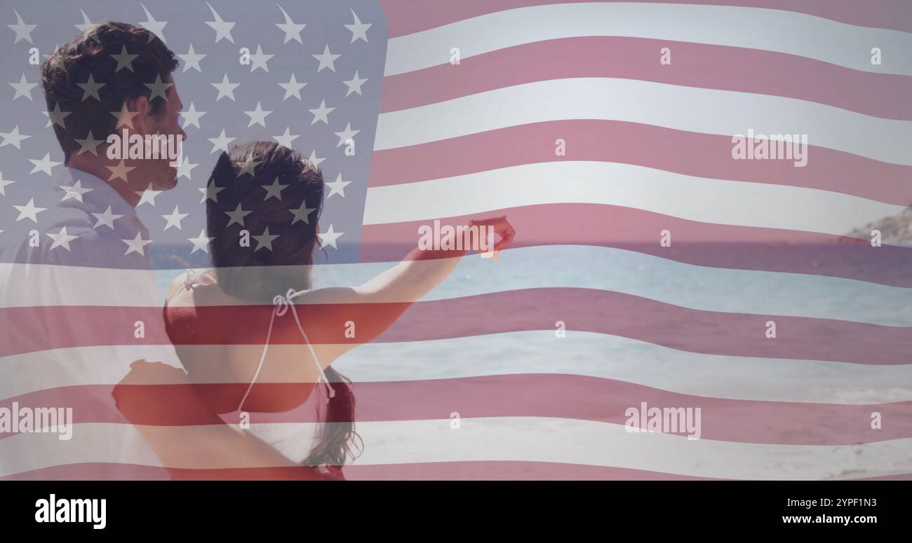 American flag image over couple embracing and looking at ocean Stock ...