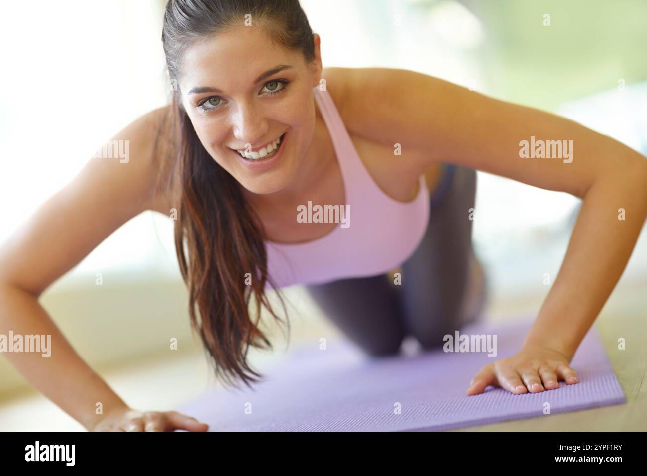 Gym, woman and portrait with push ups for fitness, bicep exercise and ...