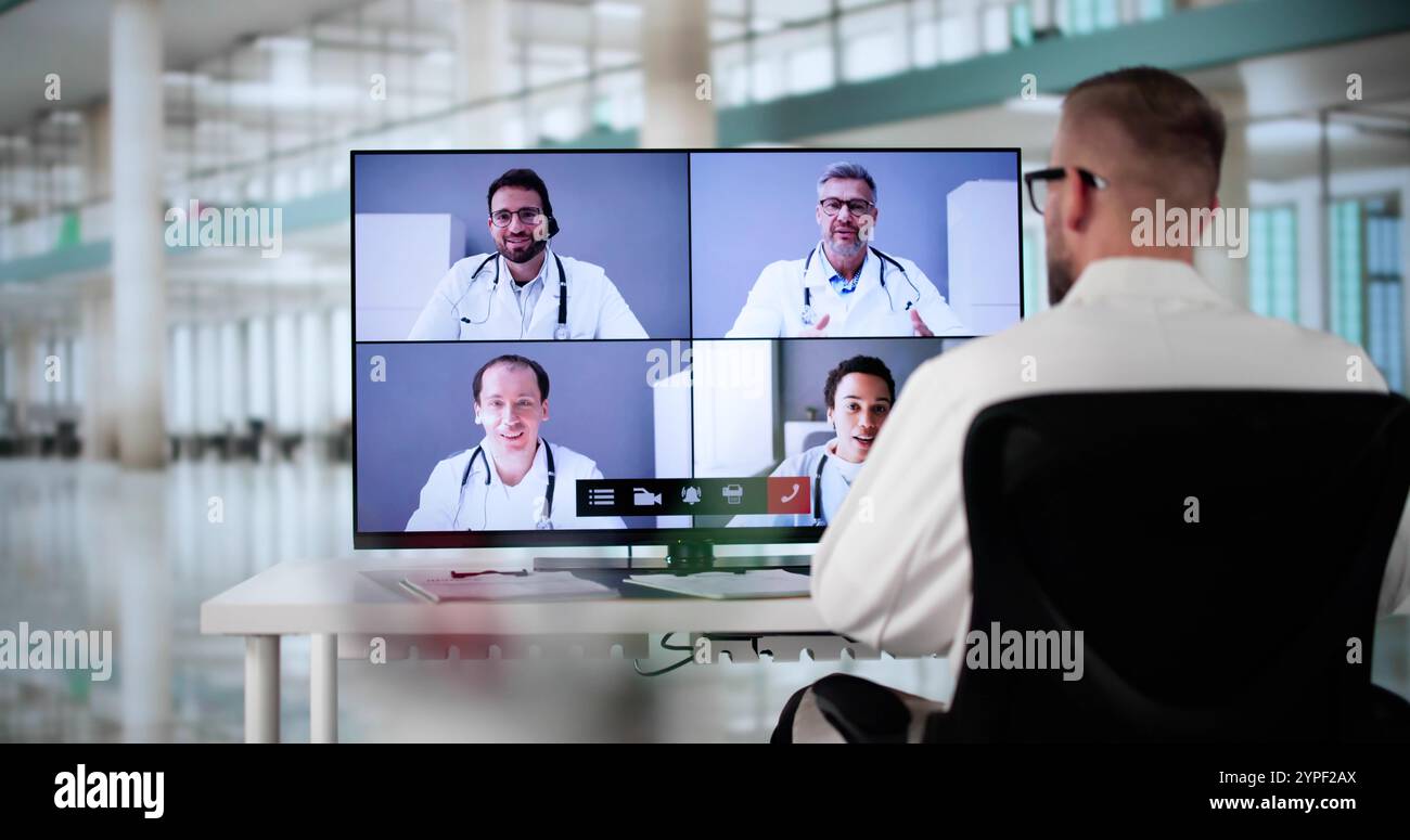 Doctor In Online Video Conference. Medical Webinar On Computer Stock ...