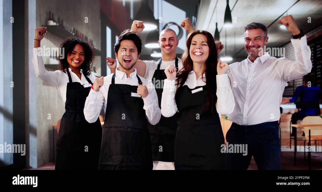 Happy Coffee Shop Employees In Shop. Group Success Celebration Stock ...