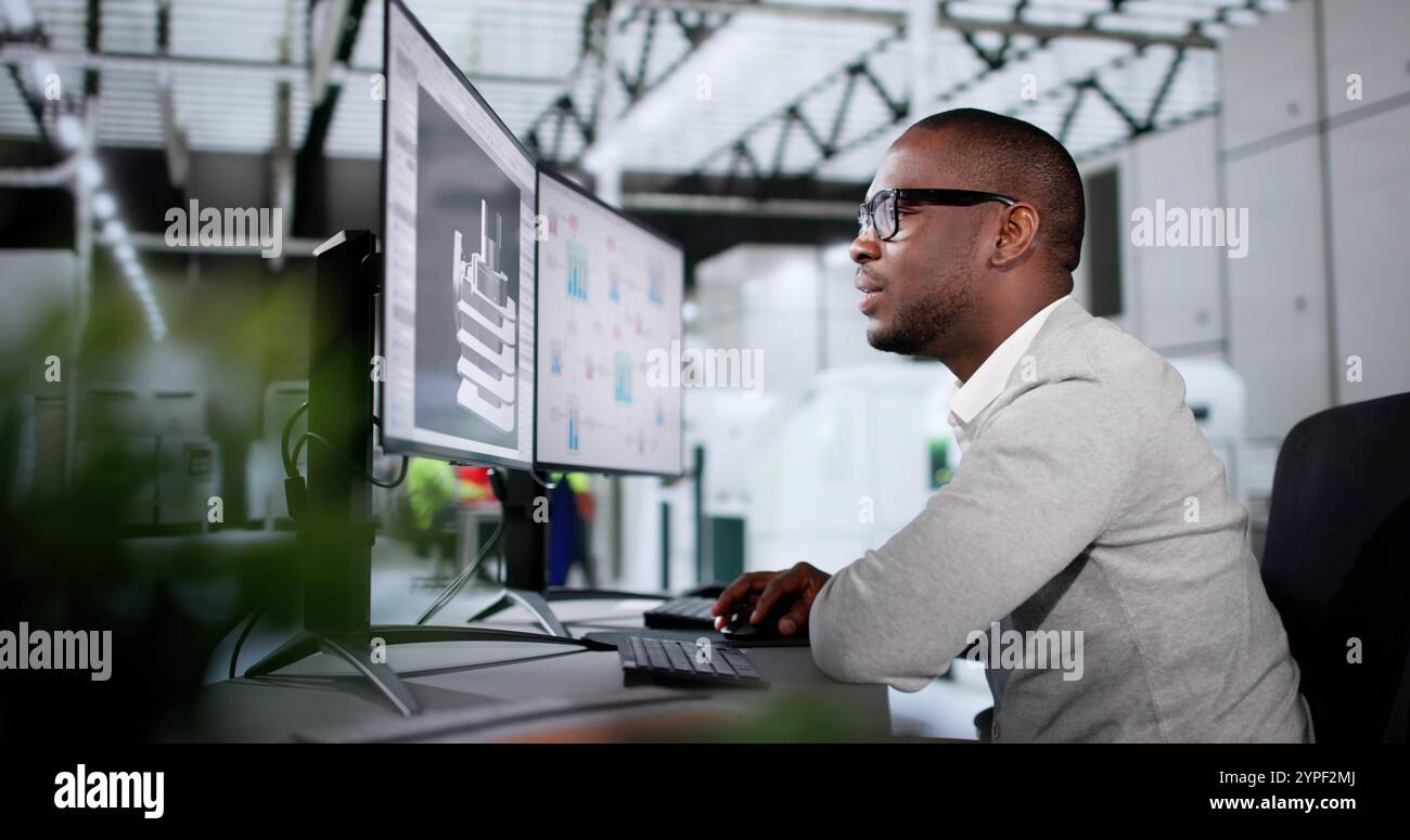 Engineer Doing 3D CAD Model Design On Computer At Factory Stock Photo ...