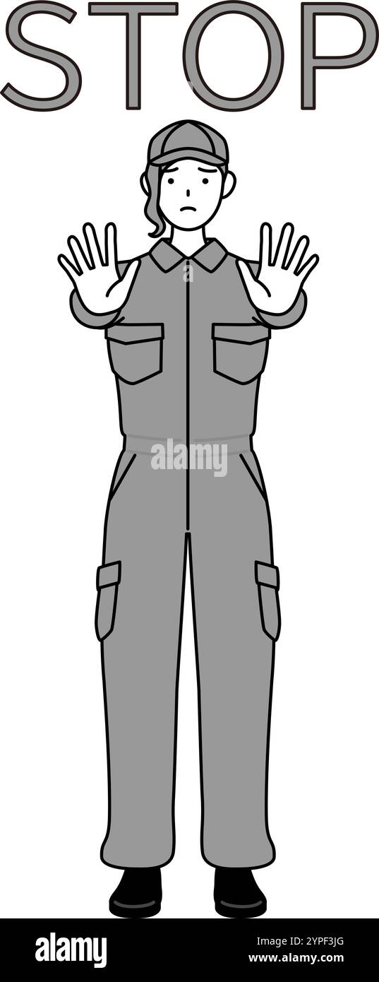 A mechanic woman in coveralls with her hands out in front of her body ...