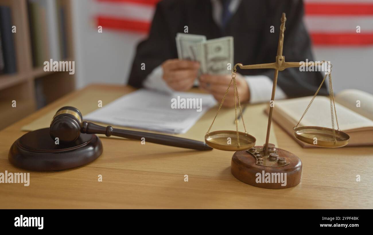 Male judge counting money in a courtroom with a gavel and scales of ...