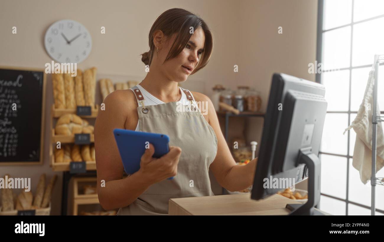 Young woman working at a bakery shop counter, holding a tablet and ...