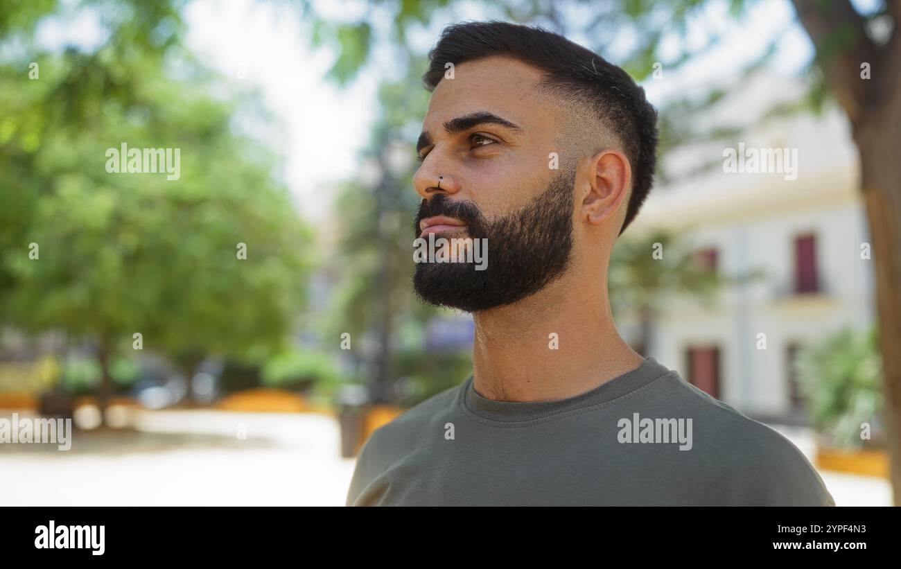 Handsome young hispanic man with a beard standing outdoors in an urban park setting Stock Photo ...