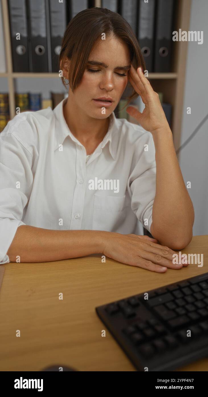 Brunette woman in an office feeling stressed at her desk wearing a ...