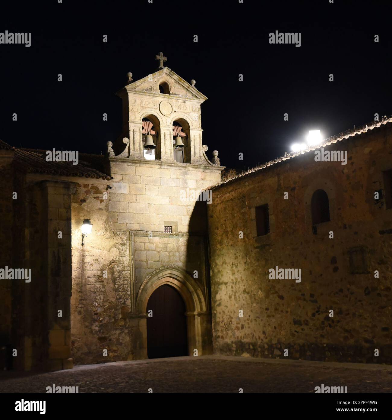 Floodlit Convent of St Paul in the historic city centre of Caceres ...