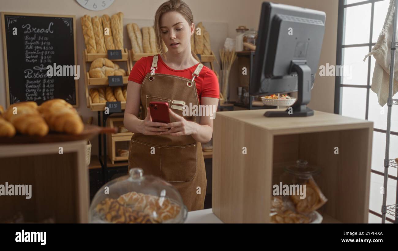 Young woman with red hair using phone in charming bakery shop ...