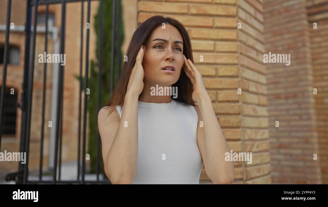 Beautiful young woman standing on a city street holding her head in ...