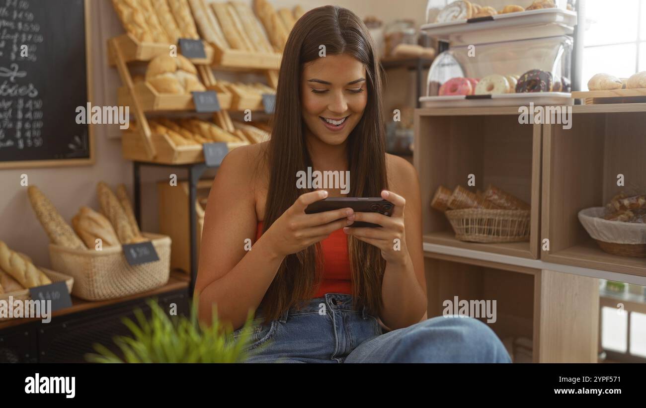 Young woman sitting in a bakery shop using a smartphone with a smile ...