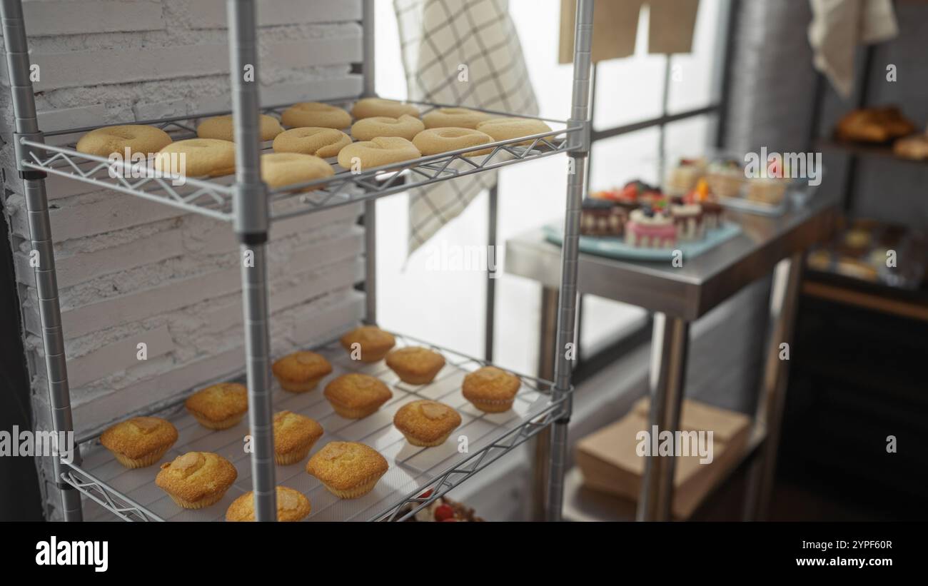 Interior of a bakery room with empty shelves displaying various freshly ...