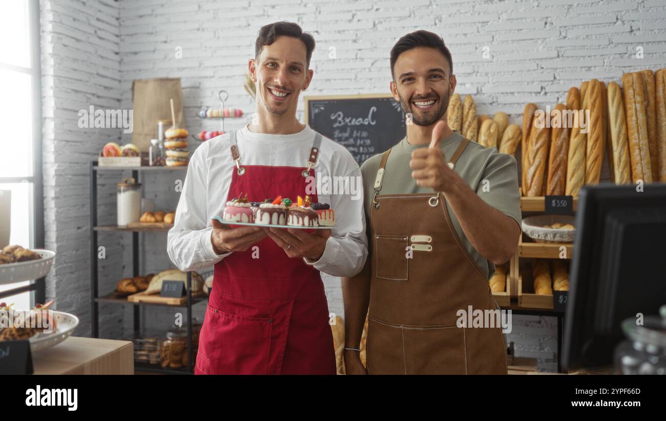Two men bakers standing together in a bakery holding a cake with one ...