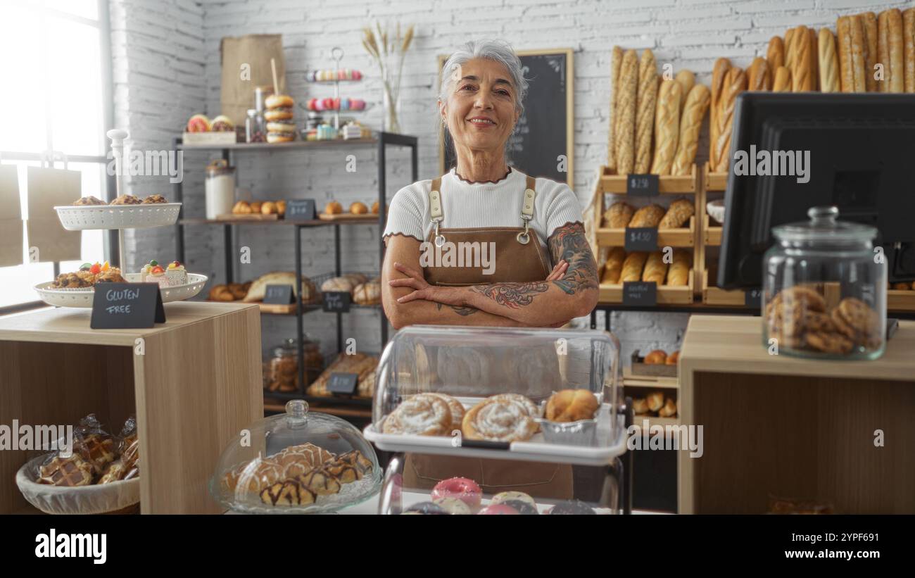 Woman standing in bakery with shelves of bread and pastries, arms ...