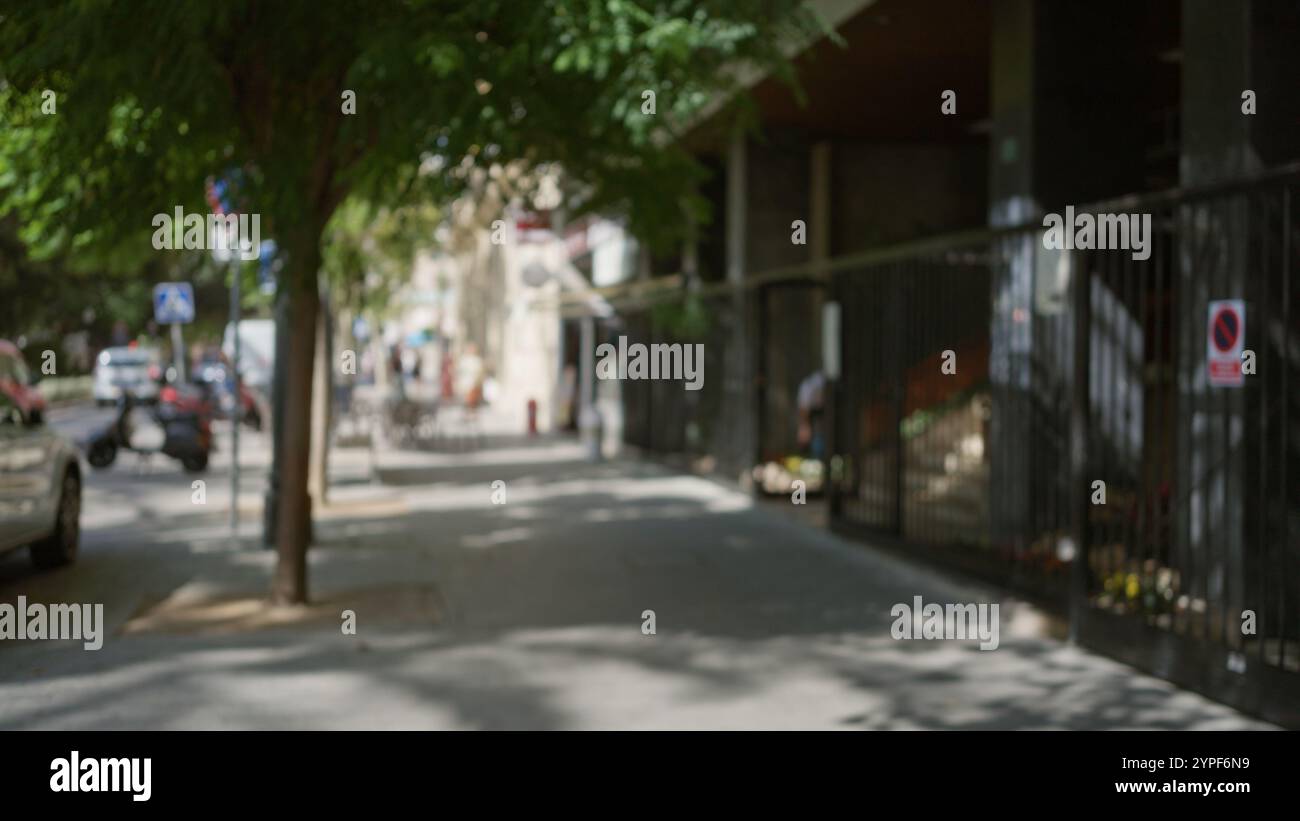Outdoor urban street scene with blurred background showing defocused ...