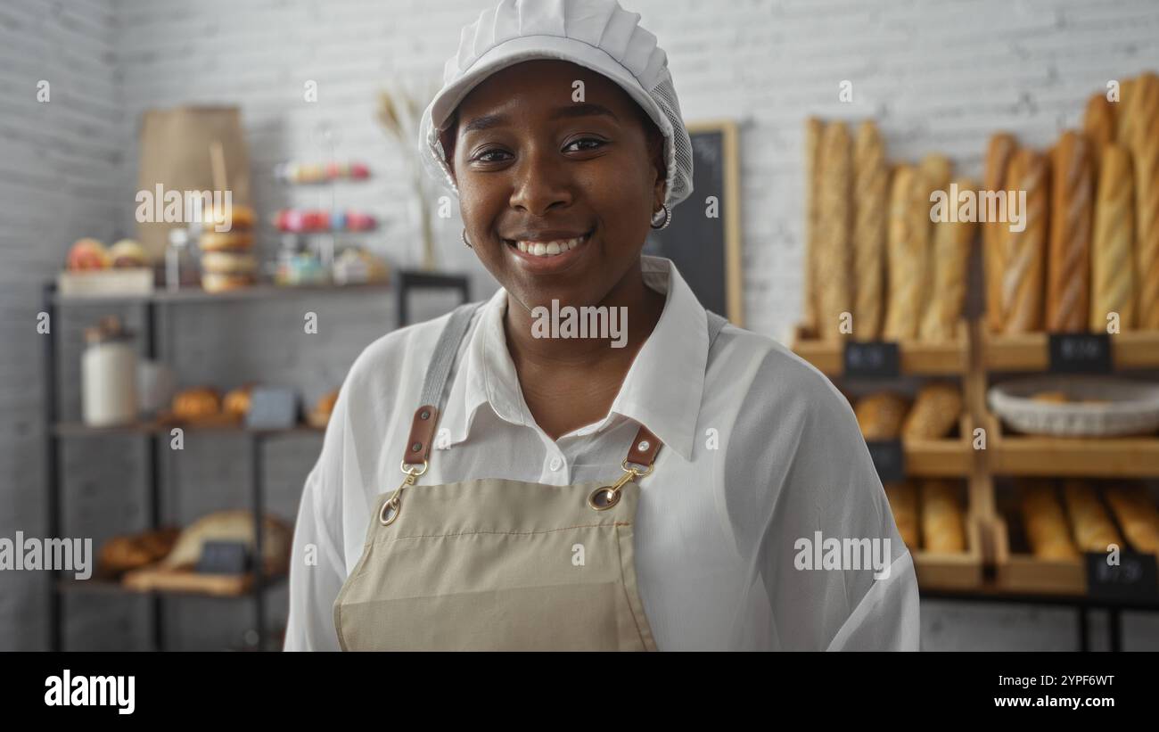Beautiful young african american woman bakery shop indoors posing ...