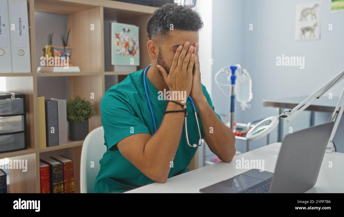 Portrait of a young hispanic male vet in a veterinary clinic, appearing ...