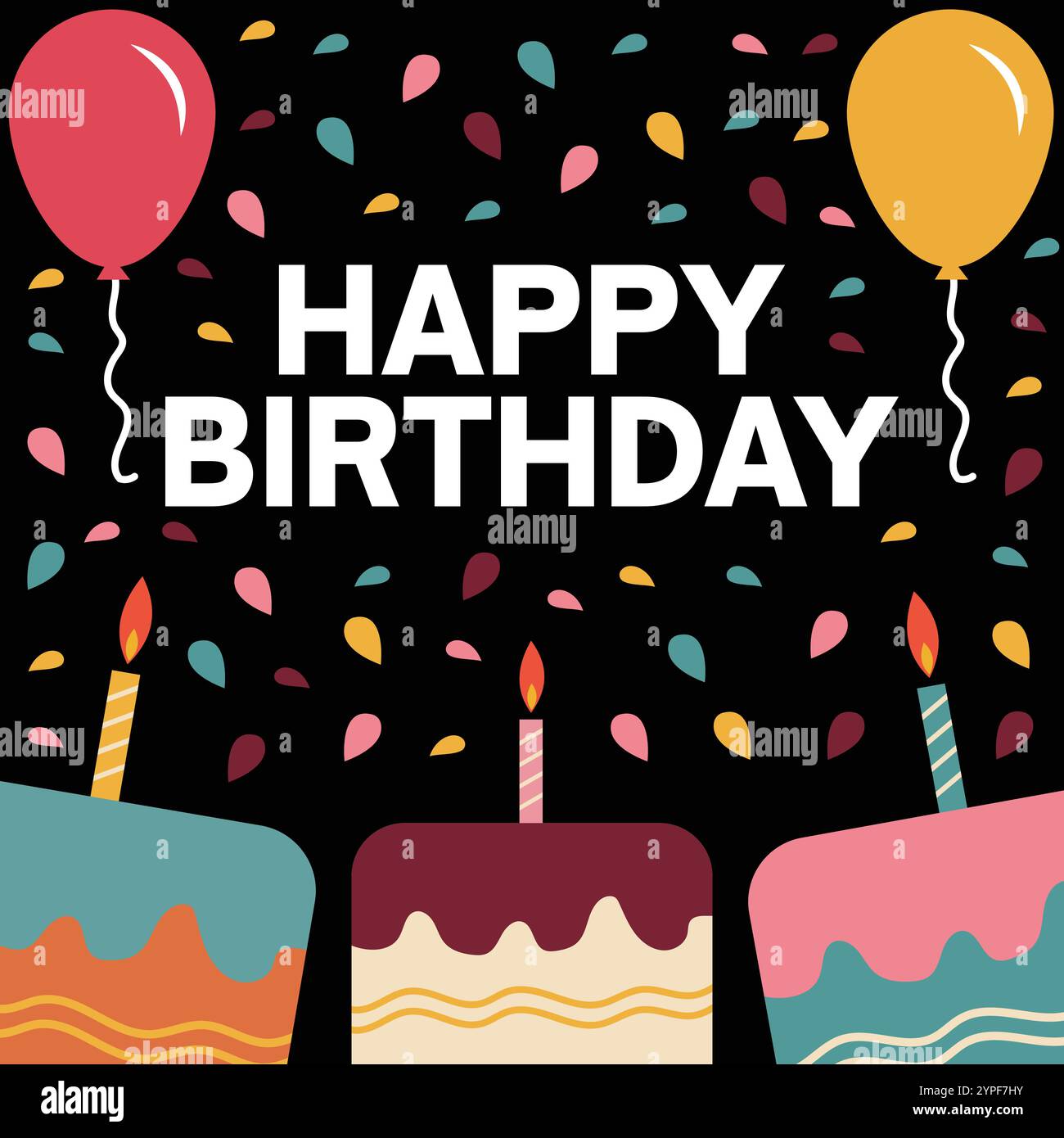 Happy birthday vector design with cakes, balloons, confetti and bold ...