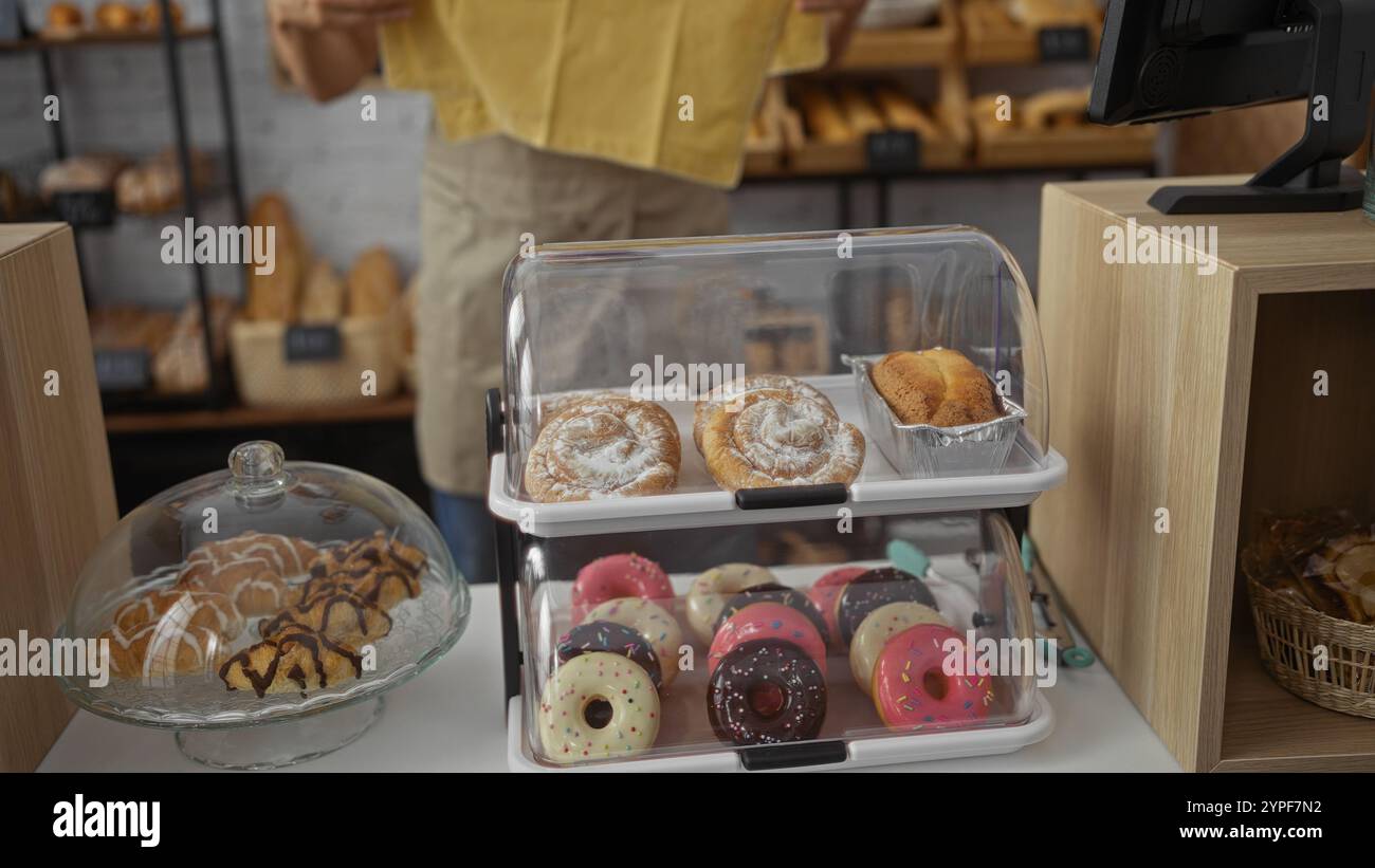 Man organizing pastry display at bakery counter inside a shop with ...