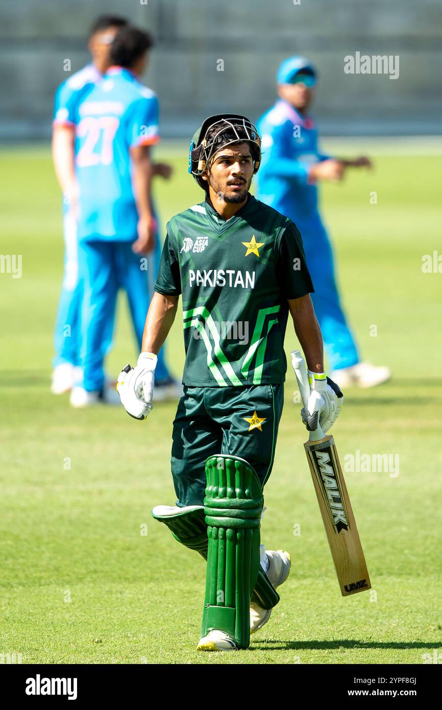 Pakistan's Shahzaib Khan leaves the ground after losing his wicket during the Asian Cricket ...