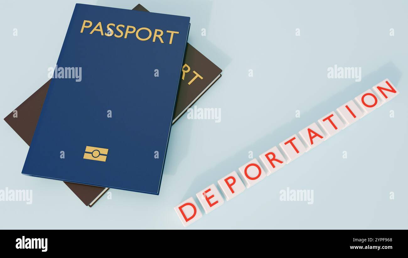 A 3D rendering of a passport and the word 'DEPORTATION', highlighting ...