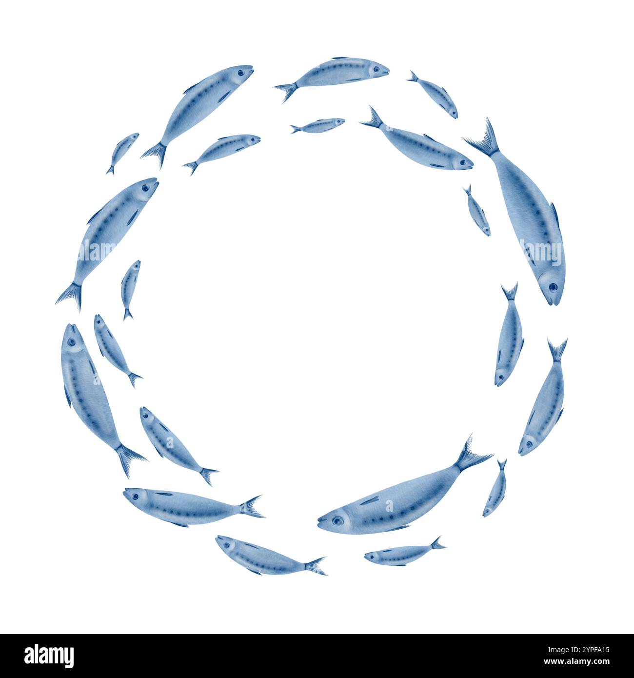 Sardine fish in a round wreath swimming in a shoal stylized watercolor ...