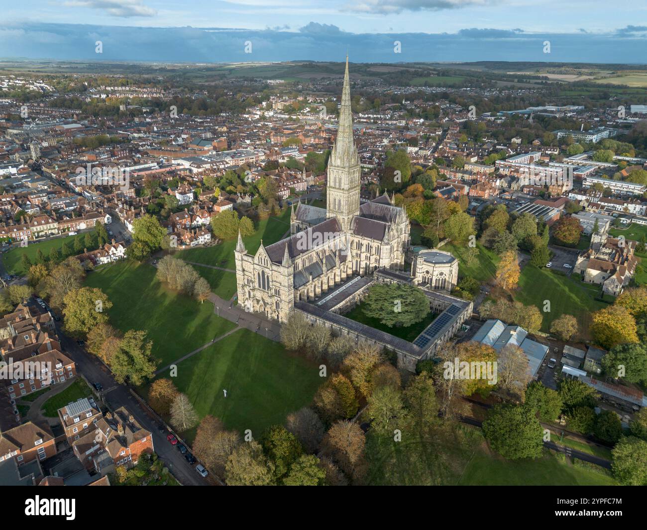 Aerial view of Salisbury Cathedral, an Anglican cathedral in the city ...