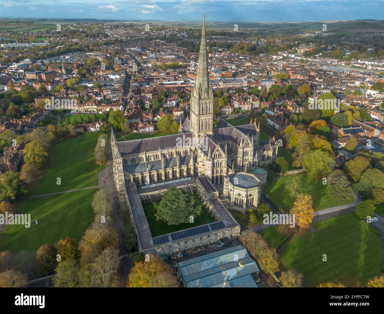Aerial view of Salisbury Cathedral, an Anglican cathedral in the city ...