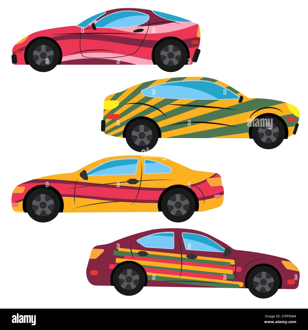 A set of three cars painted in different colors. Vector illustration ...