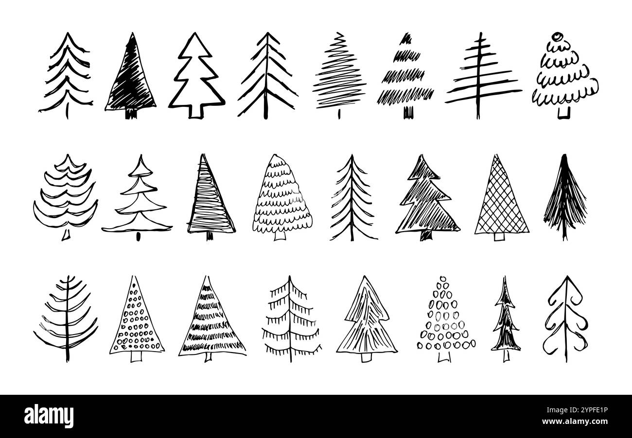 Hand drawn Christmas trees. Set of sixteen monochrome sketched ...