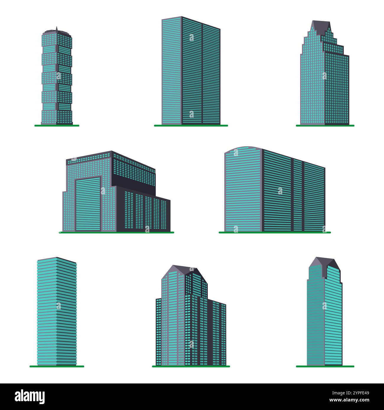 Set of eight modern high-rise building on a white background. View of ...