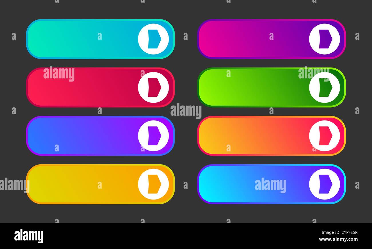 Colorful gradient buttons with arrows. Set of eight modern abstract web buttons. Vector ...