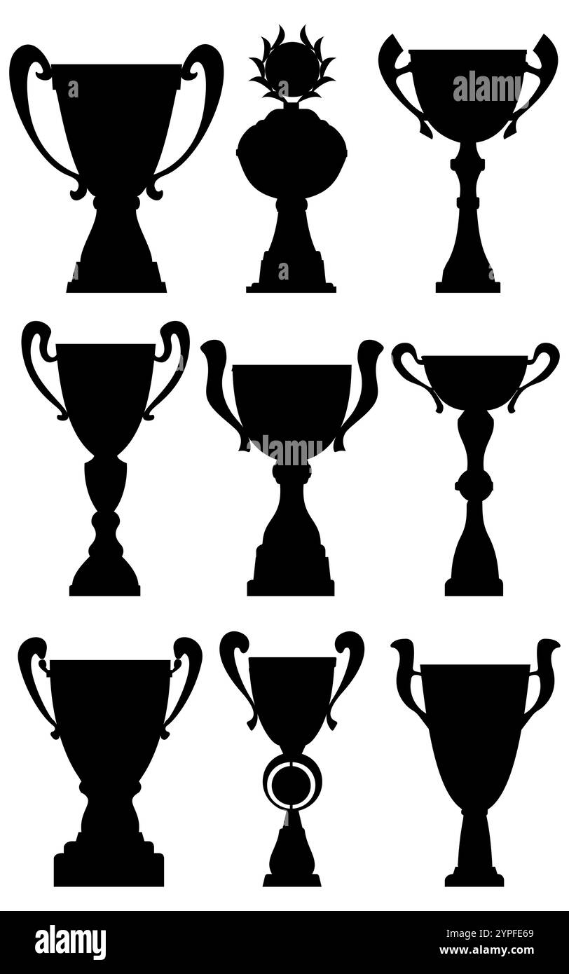Collection of twelve silhouettes of champion cups in vector ...