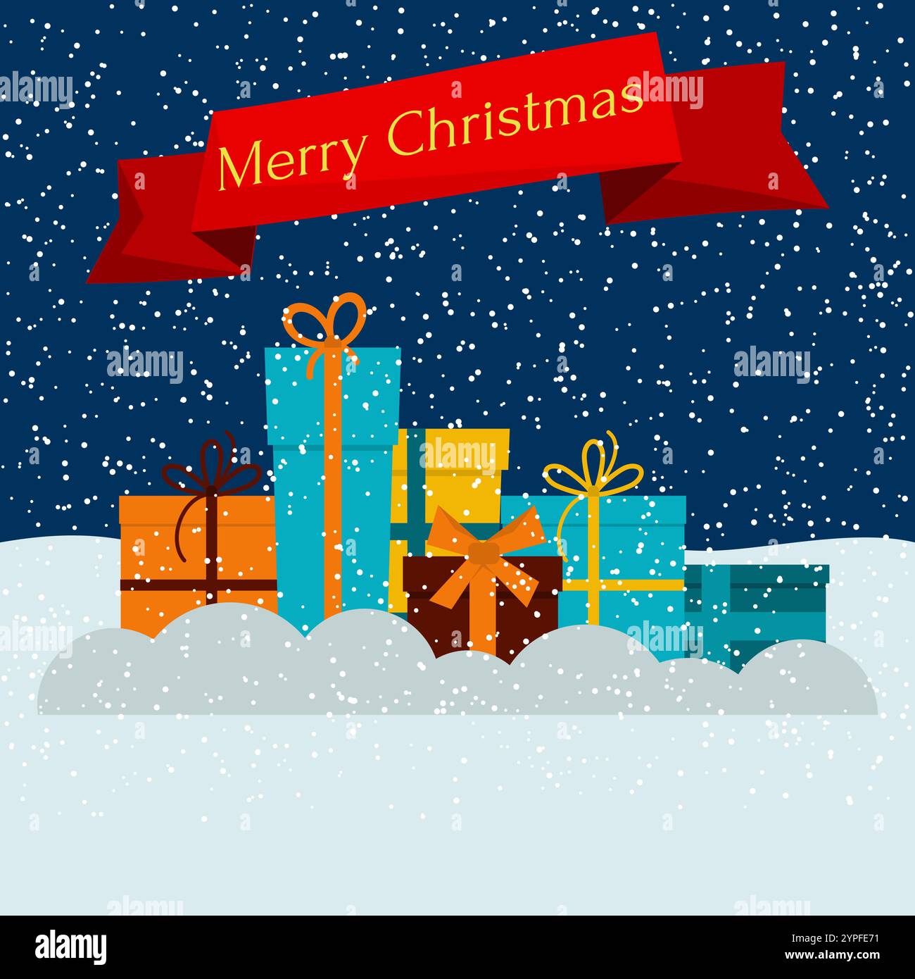 Gift boxes on snow and falling snow and a red ribbon with the ...