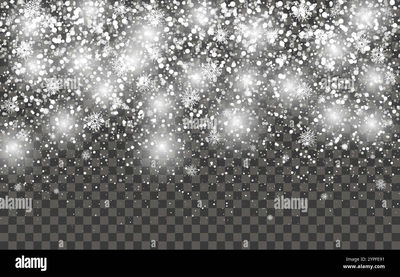 Snowfall and falling snowflakes on dark transparent background. White ...
