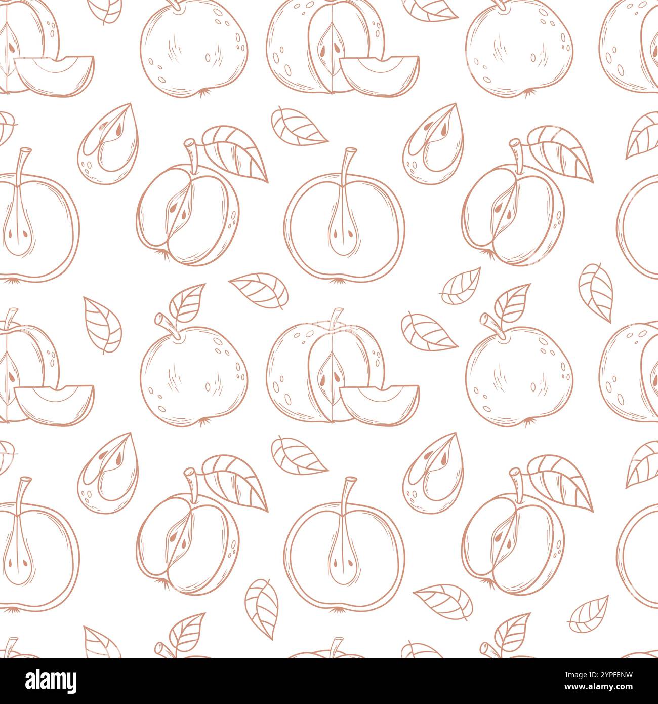 Seamless pattern with outline Apple on white background. Line hand ...