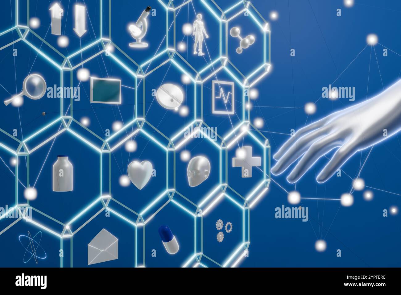 A futuristic hand interacts with a digital display of health and ...