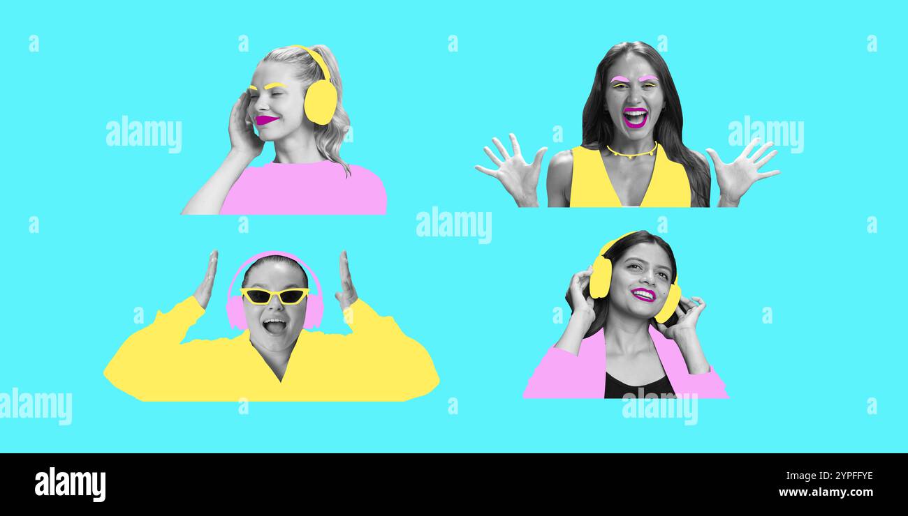 Contemporary art collage. Beautiful woman with different expressions ...